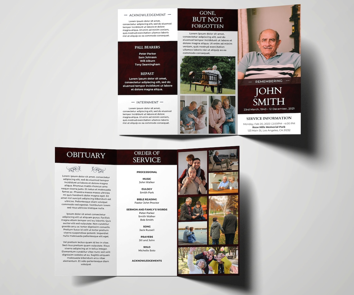 Funeral Program Template Trifold Obituary Red Theme for Man - Etsy