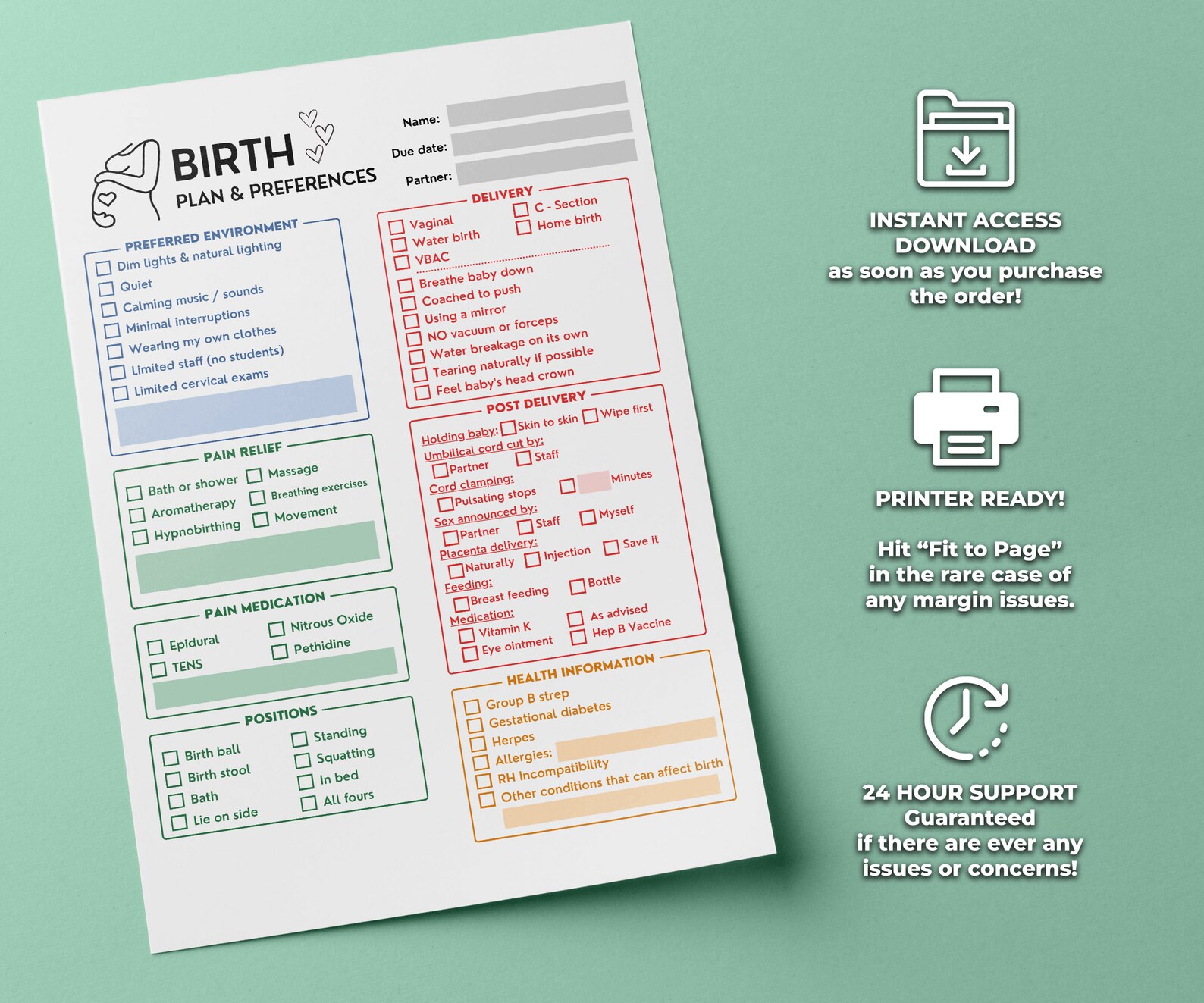 Birth Plan Template Editable PDF Printable, Birth Checklist - 1 & 2 ...