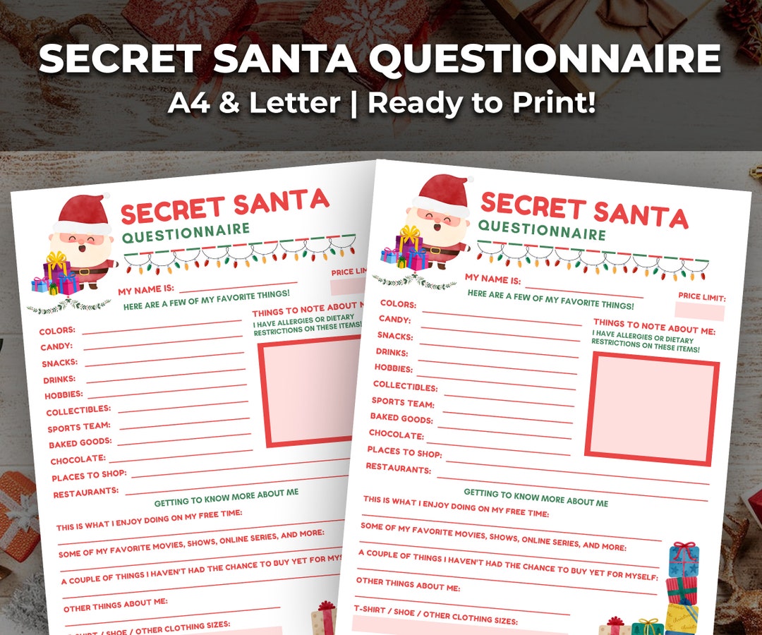Secret Santa Questionnaire Printable for Christmas Gatherings and ...