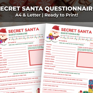Secret Santa Questionnaire Printable for Christmas Gatherings and ...