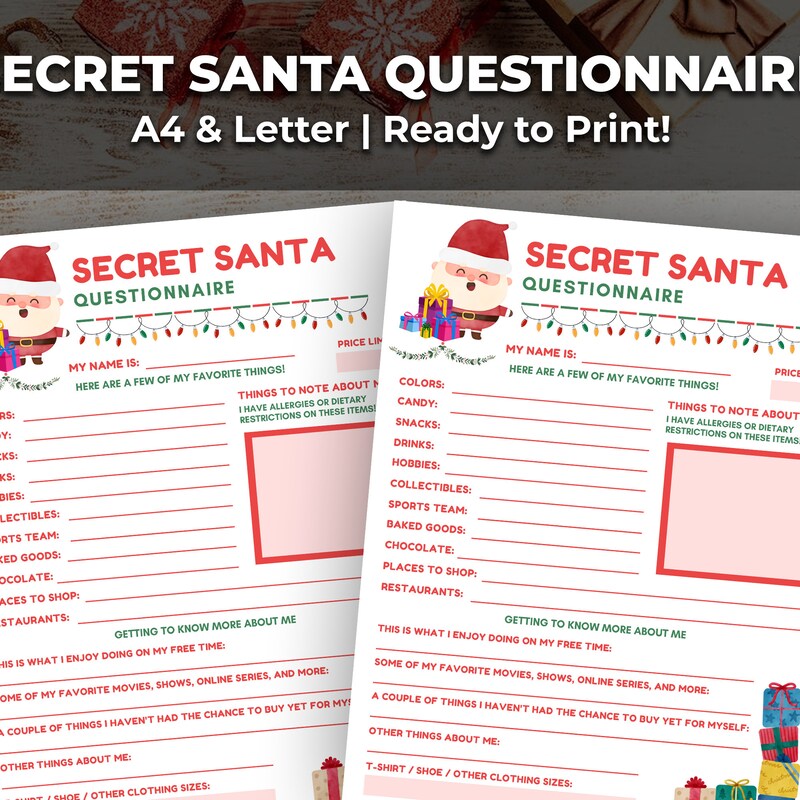 Secret Santa Questionnaire No Sizes - Etsy