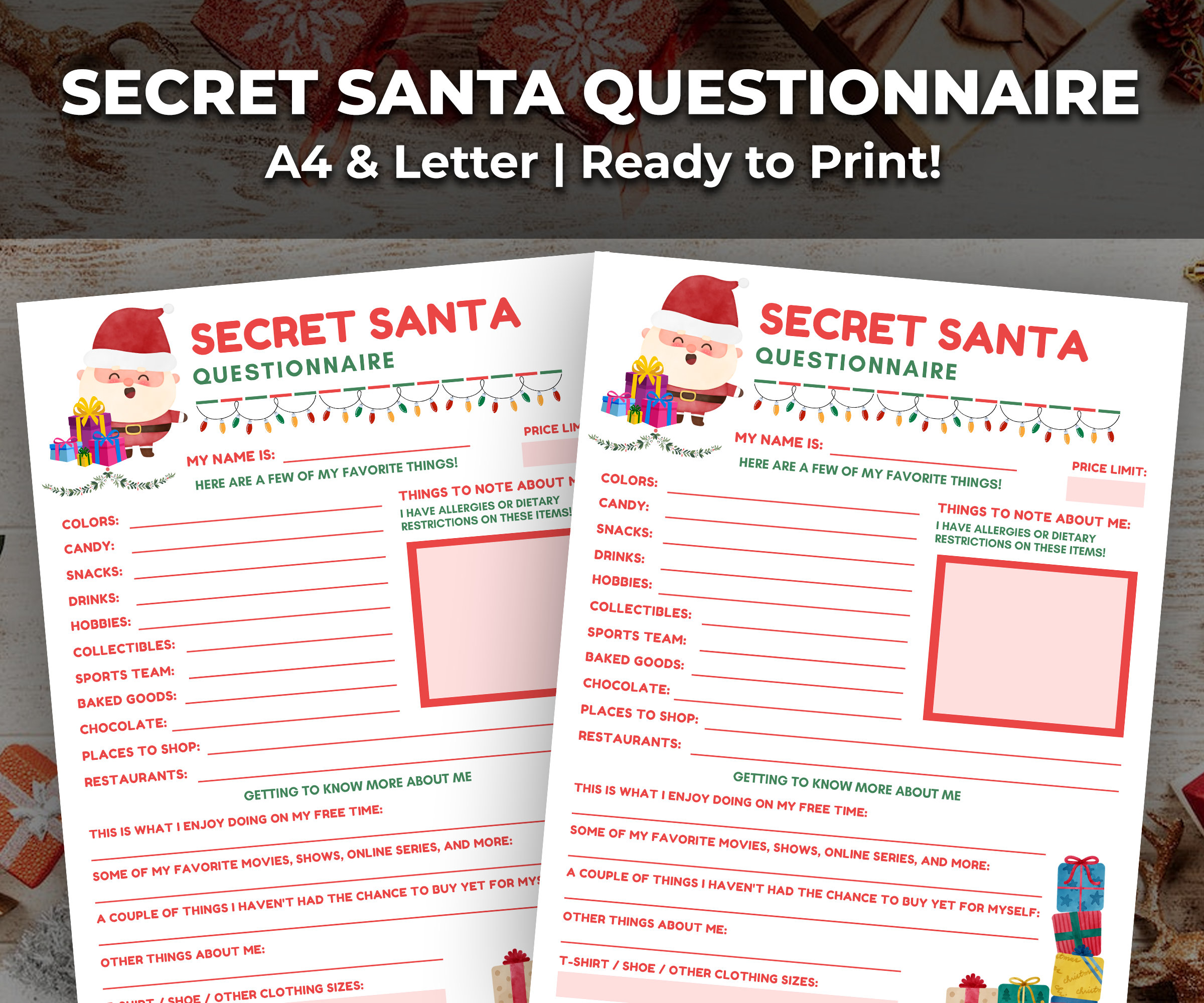 Secret Santa Questionnaire Printable for Christmas Gatherings and ...