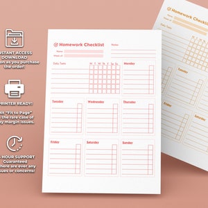 Homework Checklist Tracker & Planner Printable, Weekly Study To-do List ...