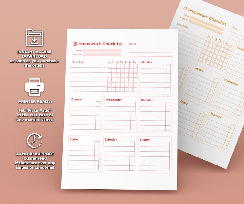 Homework Checklist Tracker & Planner Printable, Weekly Study To-do List ...