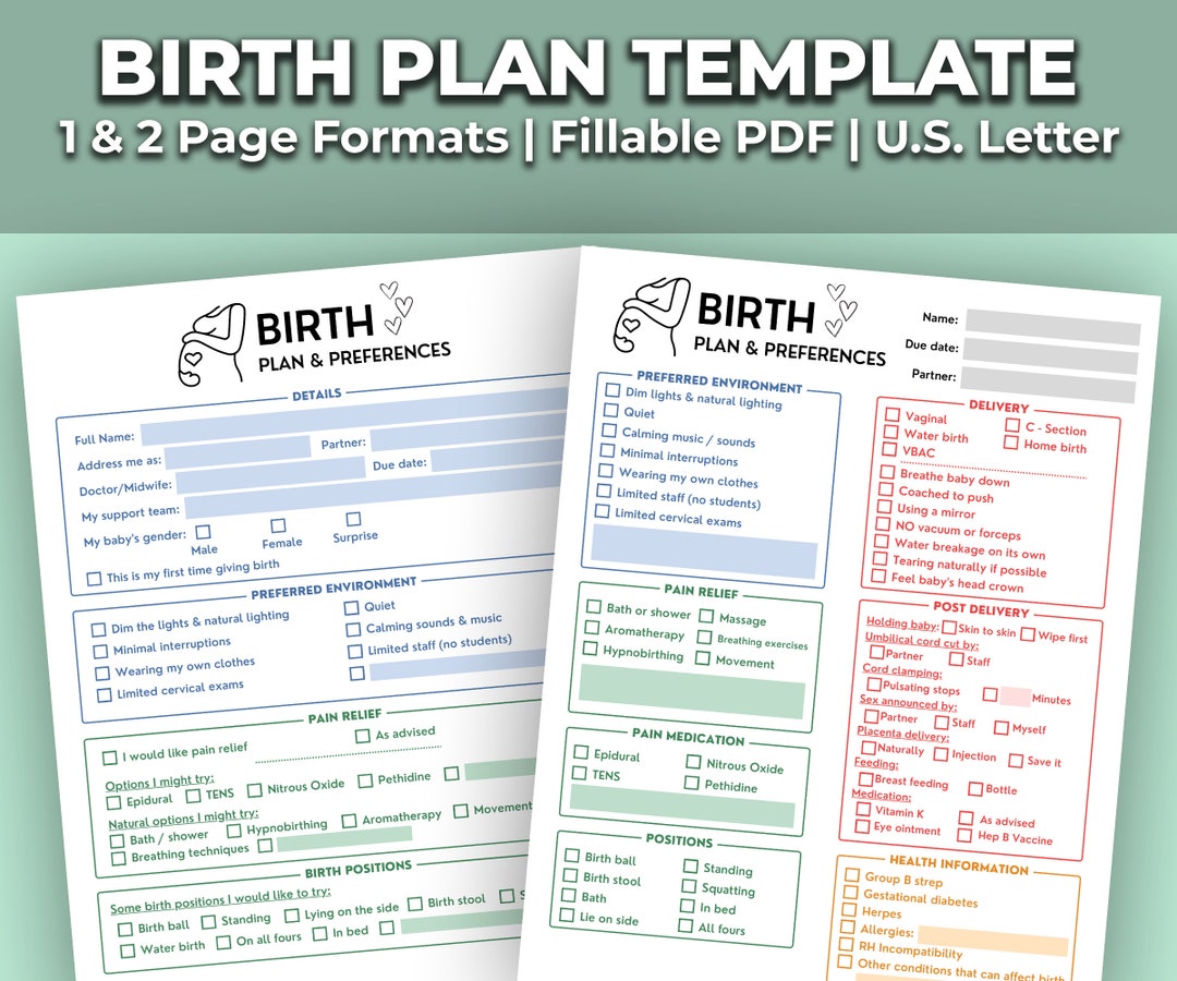 Birth Plan Template Editable PDF Printable, Birth Checklist - 1 & 2 ...