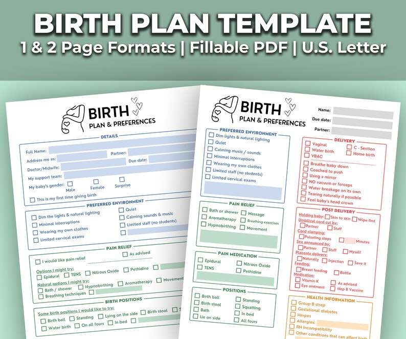 Birth Plan Template Editable PDF Printable, Birth Checklist - 1 & 2 ...