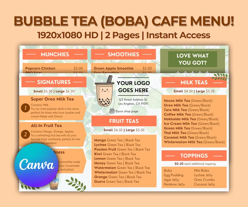 Bubble Tea Boba Cafe TV Menu | Cute Simple Minimal TV Menu for Cafes ...
