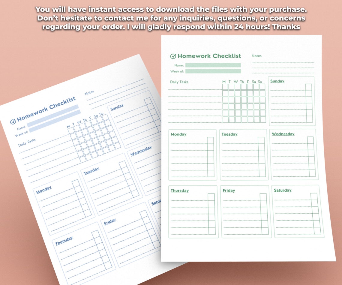 Homework Checklist Tracker & Planner Printable, Weekly Study To-do List ...