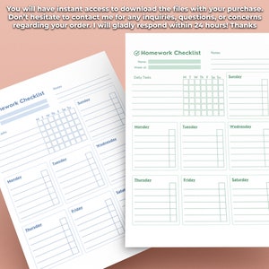 Homework Checklist Tracker & Planner Printable, Weekly Study To-do List ...