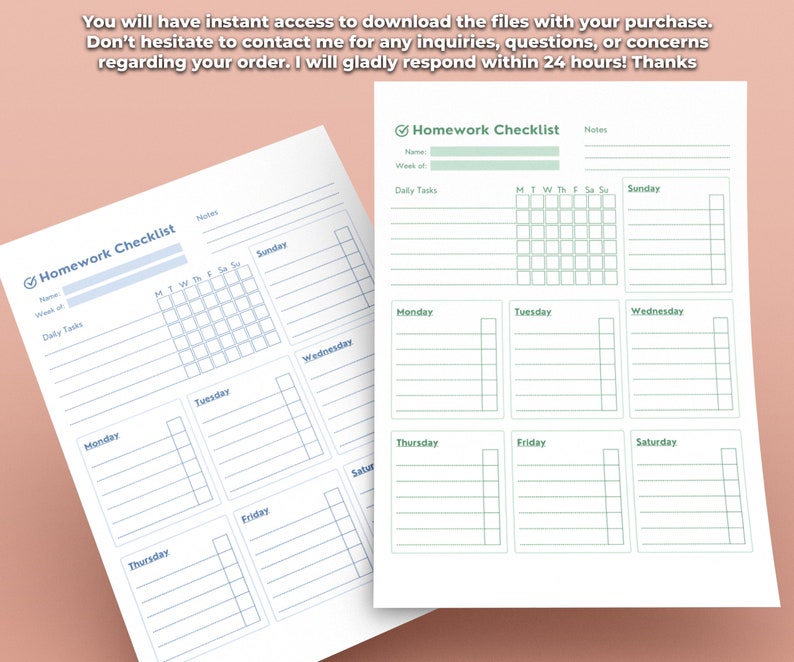 Homework Checklist Tracker & Planner Printable, Weekly Study To-do List ...