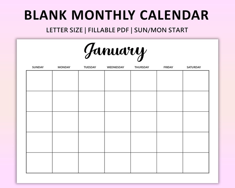Monthly Calendar Template Monthly Blank Calendar Monthly - Etsy