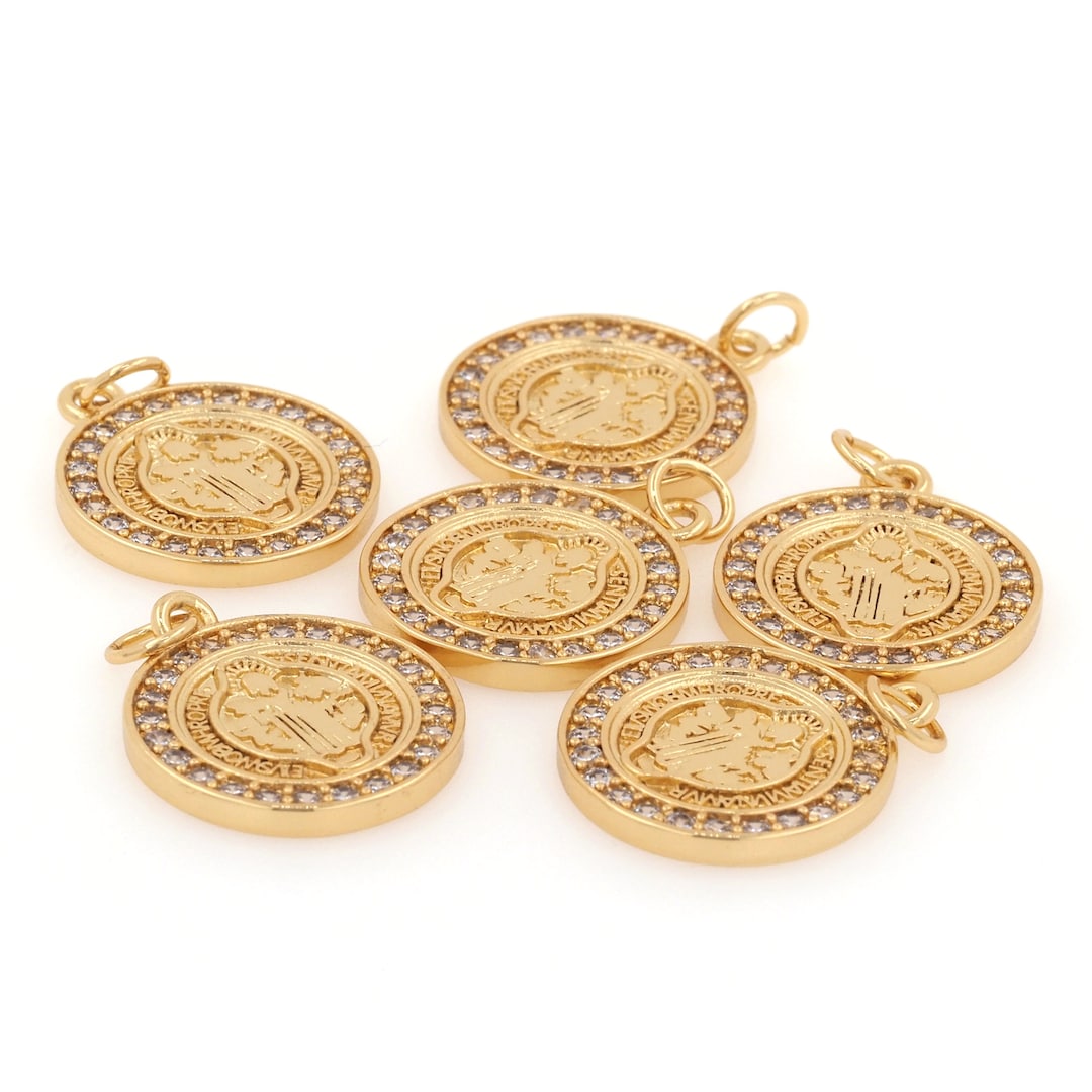 Coin Charm, 18K Gold Filled Gold Coin Pendant, Micropavé CZ Religious ...