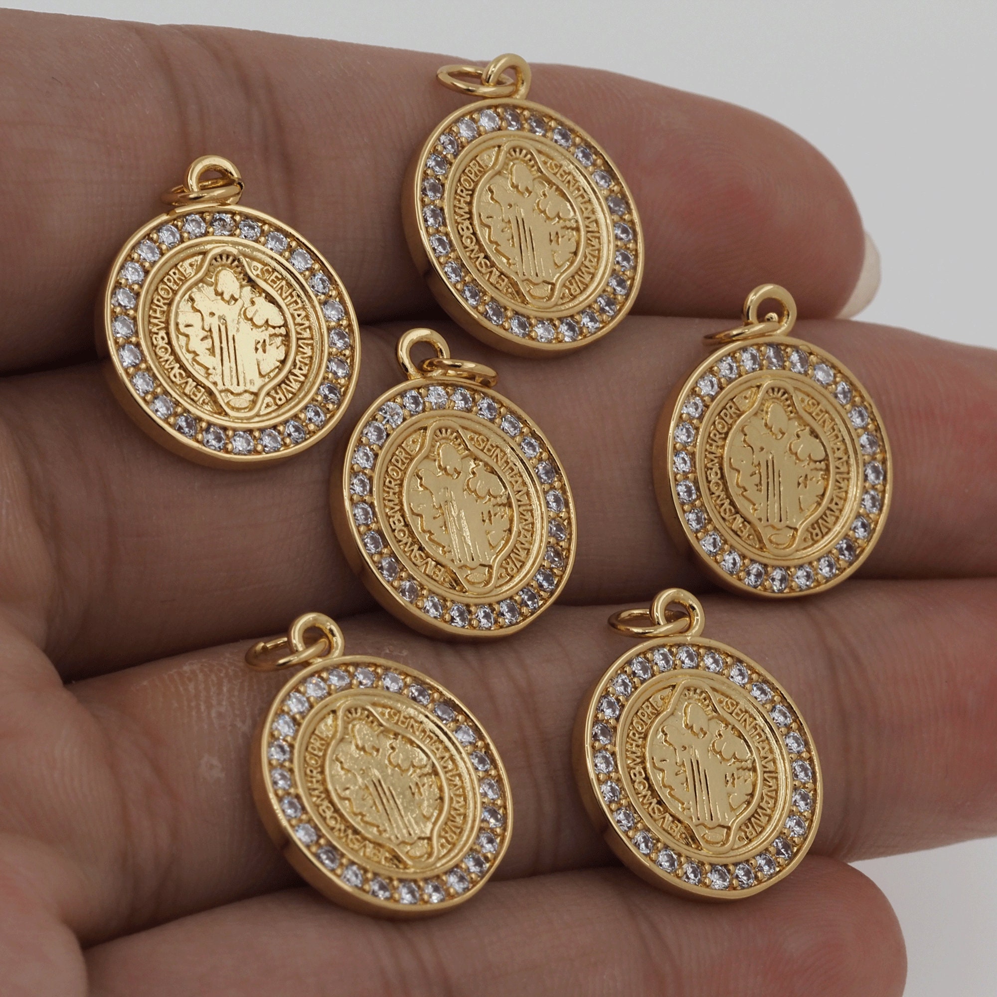 Coin Charm, 18K Gold Filled Gold Coin Pendant, Micropavé CZ Religious ...
