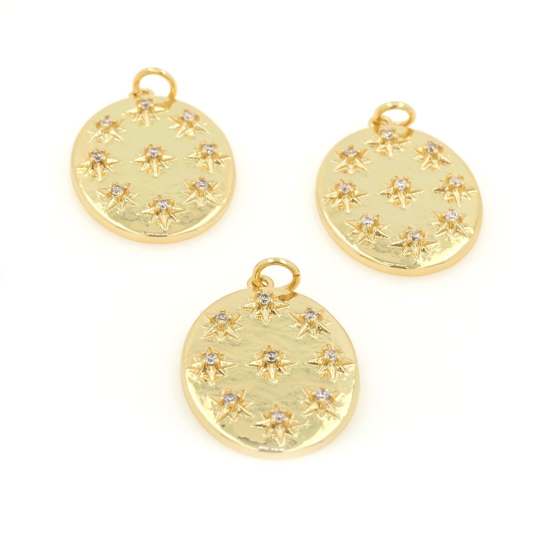 Coin Charm, 24K Gold Filled Doji Charm, Micropavé CZ Round Star Charm ...