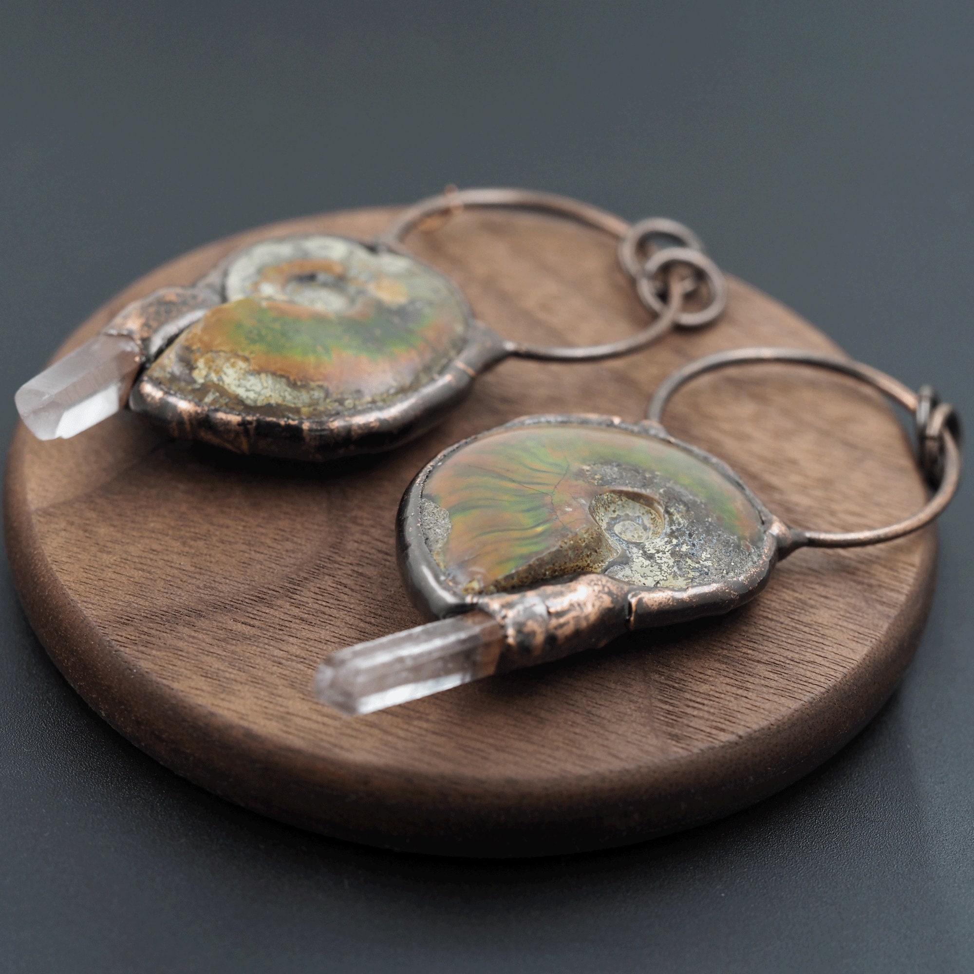 Vintage Colored Snail Pendant, Bohemian Pendant, Bronze Wrapped Spotted ...