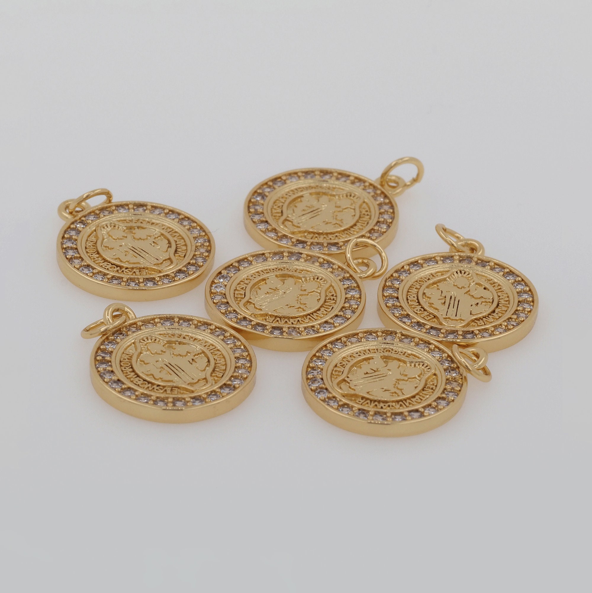Coin Charm, 18K Gold Filled Gold Coin Pendant, Micropavé CZ Religious ...