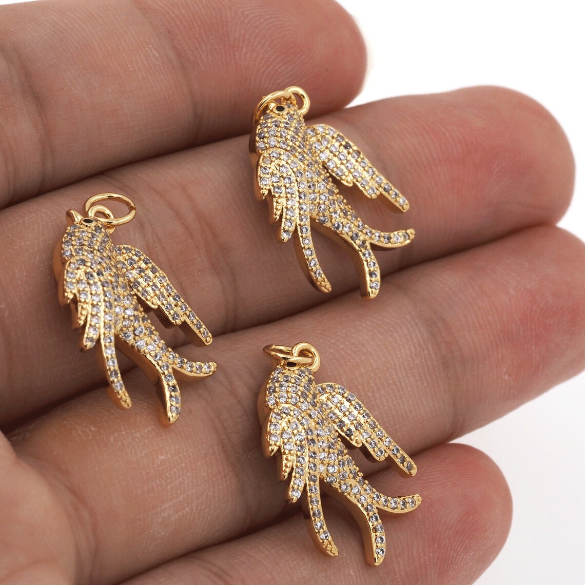 Bird Pendant, 18K Gold Stuffed Bird Charm, Micropavé CZ Animal Pendant ...