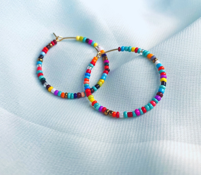Beautiful Multi Colored Hoops Colorful Small Beaded Earrings | Etsy