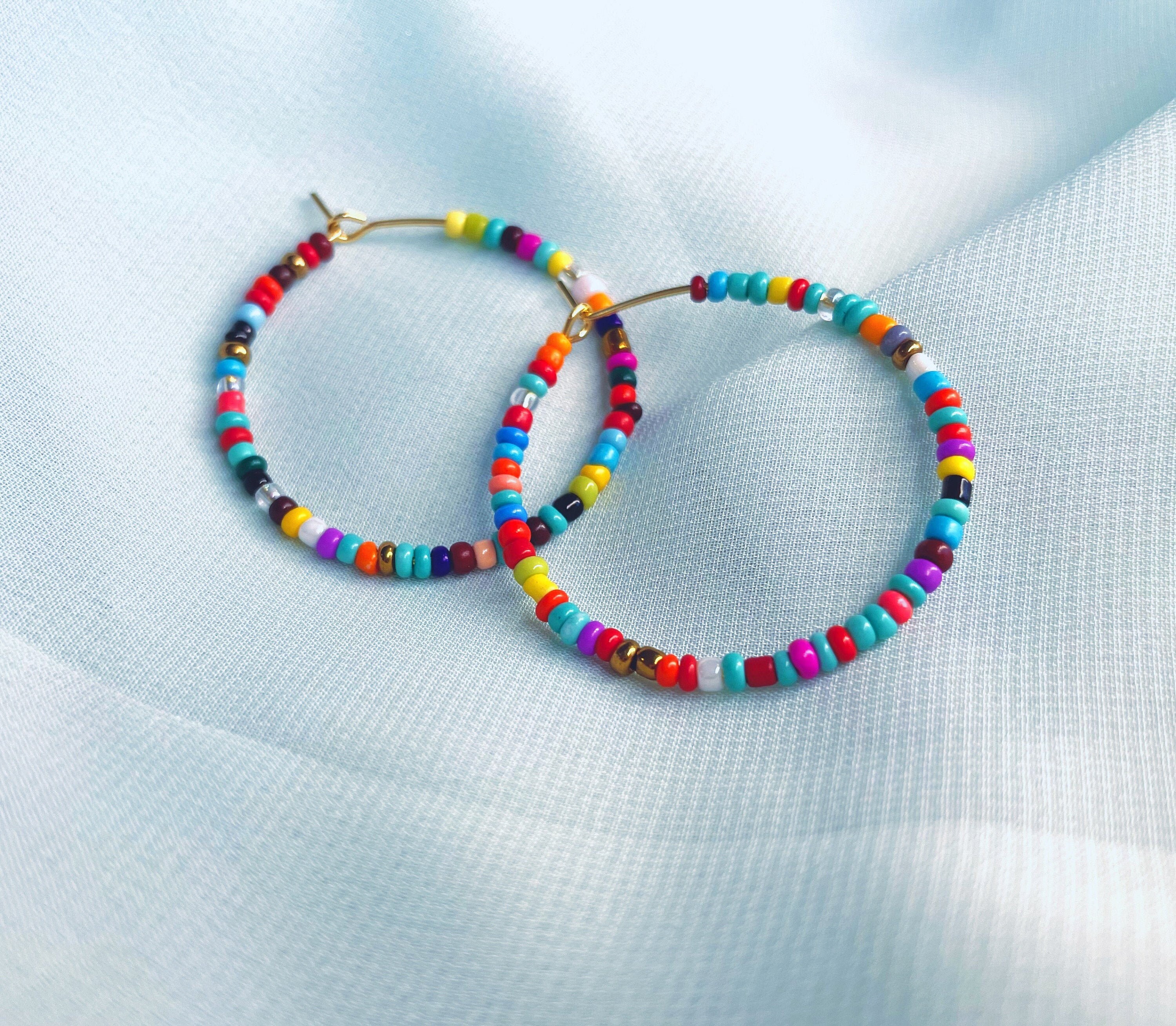 Beautiful Multi Colored Hoops Colorful Small Beaded Earrings | Etsy