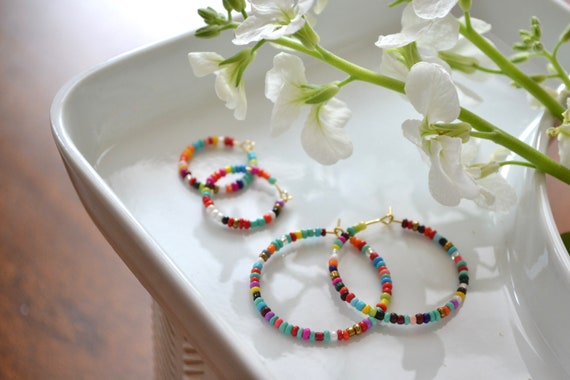 Beautiful Multi Colored Hoops Colorful Small Beaded Earrings - Etsy