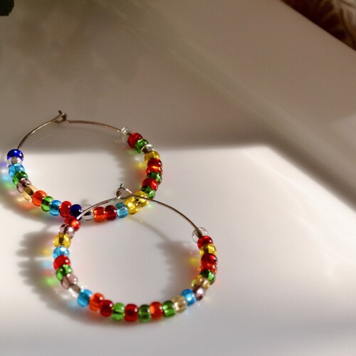 Beautiful Multi Colored Hoops Colorful Small Beaded Earrings - Etsy
