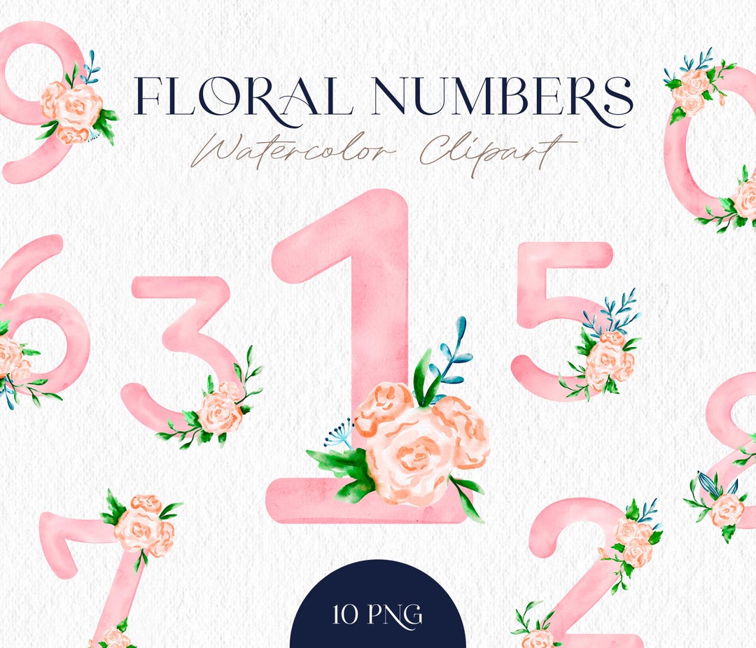 Watercolor Pink Numbers With Flowers – Floral Numeric Clipart 0-9 for ...