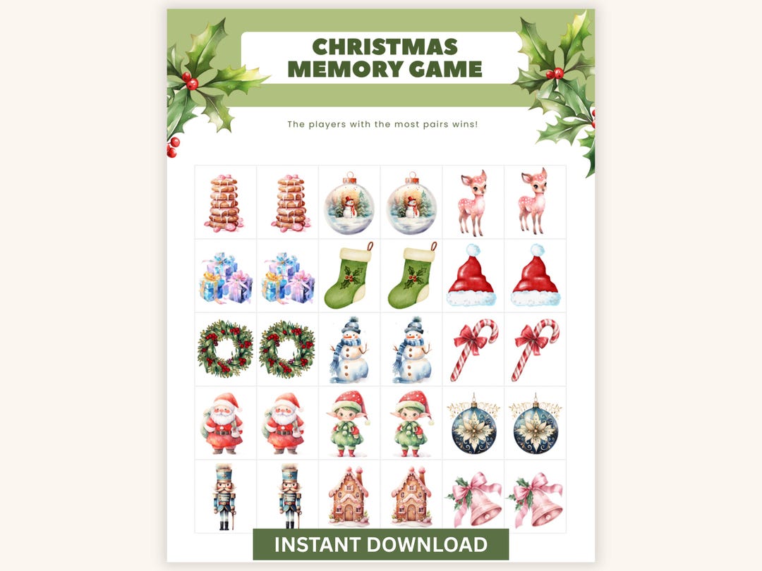 Christmas Memory Game Printable | Kids Matching Cards | US Letter PDF ...