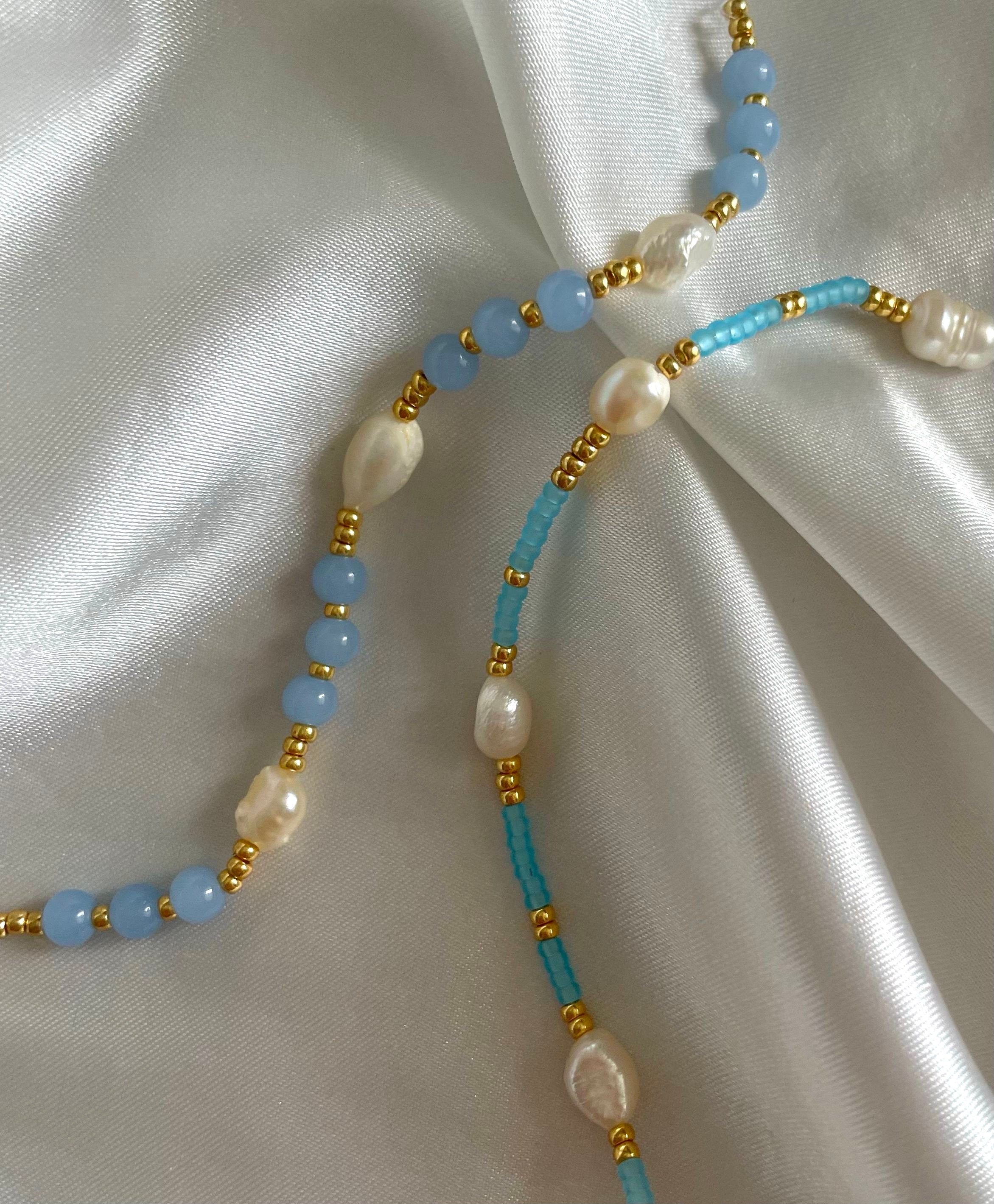 Rice Pearl Bracelets With Galvanized Gold Seed Beads and Blue Frosted ...