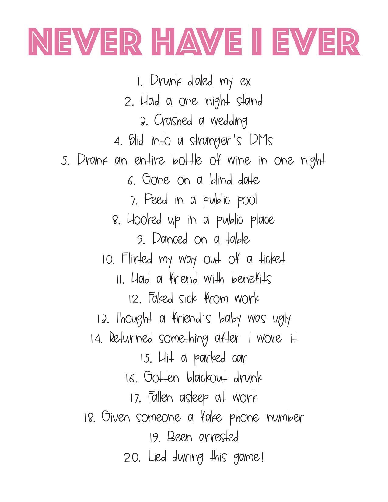 Never Have I Ever Printable Game - Etsy