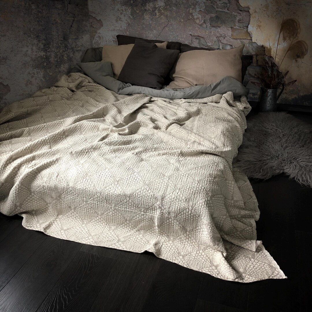 Art Nouveau Pattern Large Linen Bed Cover, Double Side Thick Coverlet ...