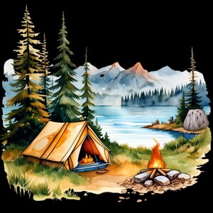 Watercolor Camping Clipart | Tent, Campfire, Lantern, Backpack ...