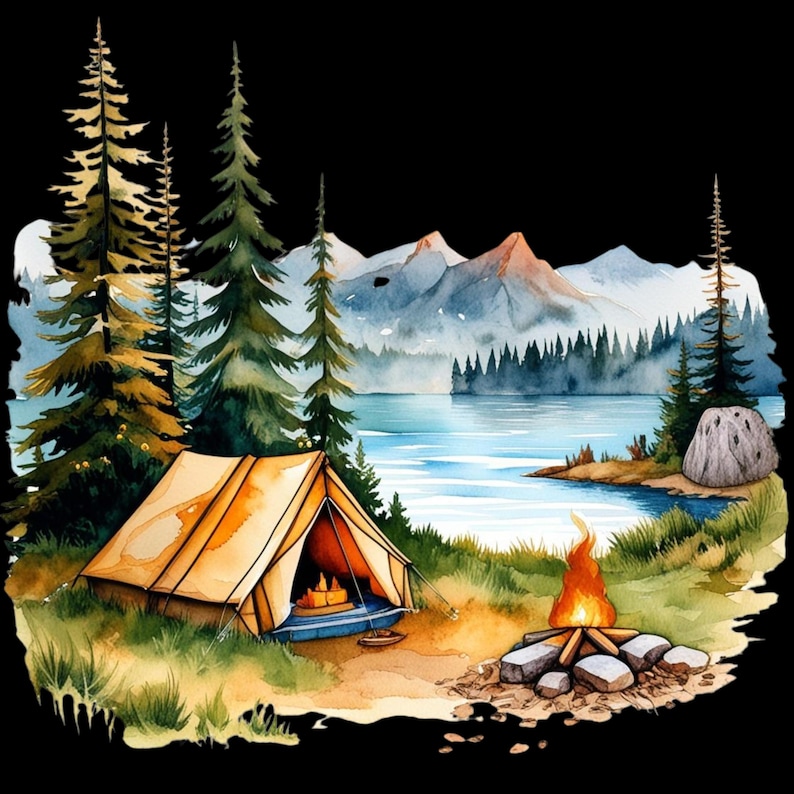 Watercolor Camping Clipart | Tent, Campfire, Lantern, Backpack ...