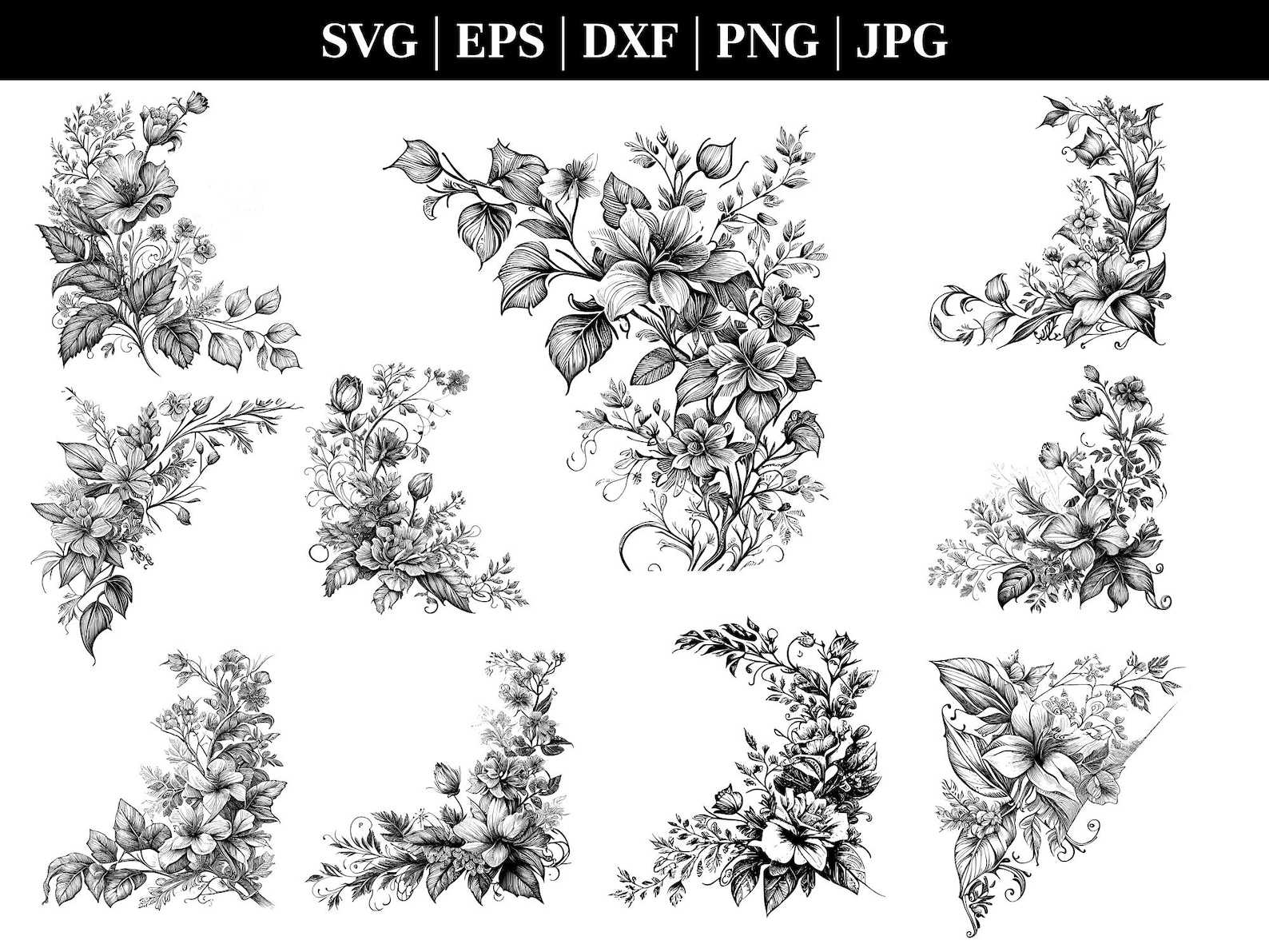 Floral Corner Border Element - Corner SVG, Corner Floral Border Clipart ...