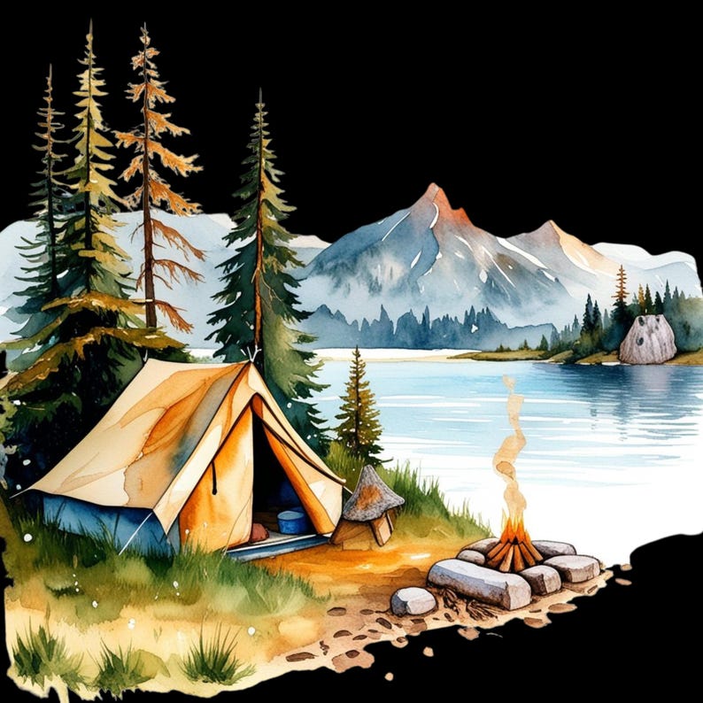 Watercolor Camping Clipart | Tent, Campfire, Lantern, Backpack ...