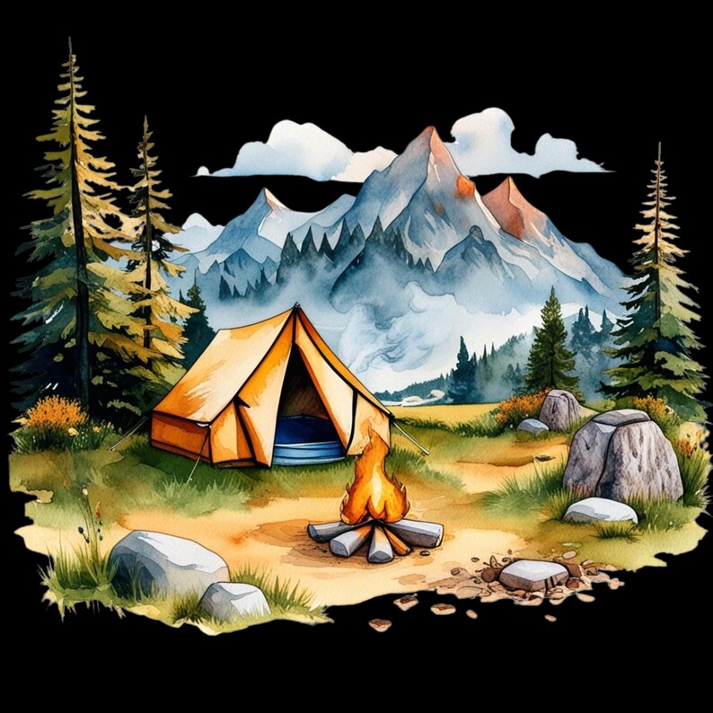 Watercolor Camping Clipart | Tent, Campfire, Lantern, Backpack ...