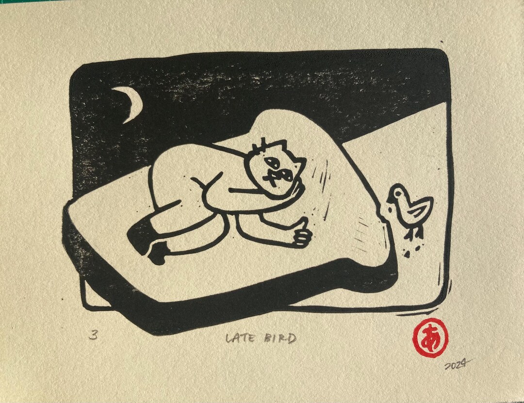 Late Bird - Original Block Print by MONOPPONOM - Etsy
