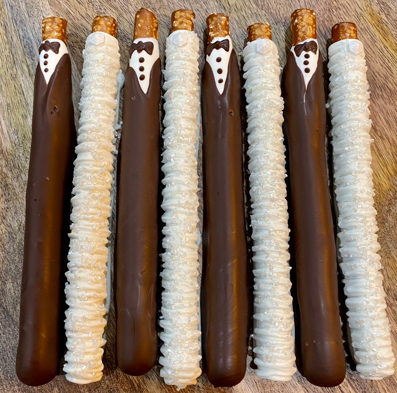 25 Sets (50 Rods Total) Chocolate Dipped Bride and Groom Pretzel Rods ...