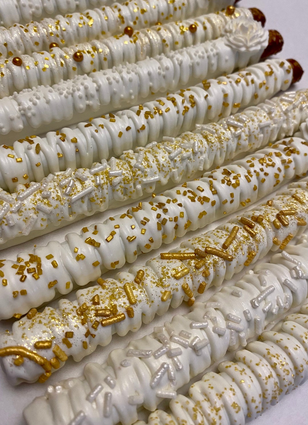 12 White Chocolate Pretzel Rods With Gold Accents Wedding, Baptism ...