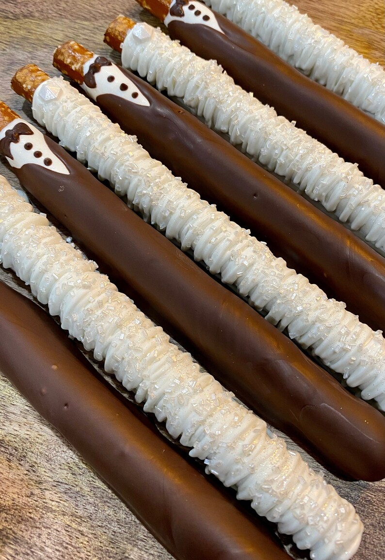 25 Sets (50 Rods Total) Chocolate Dipped Bride and Groom Pretzel Rods ...