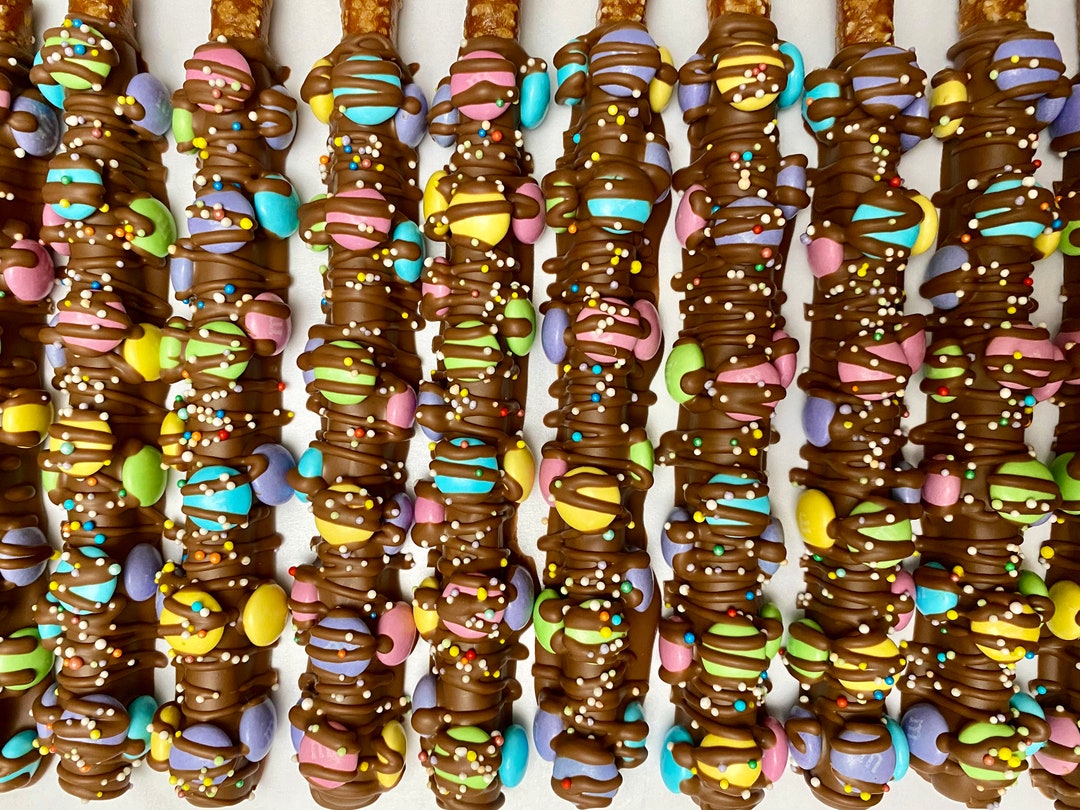 12 Pastel Pretzel Rods Dipped in Premium Chocolate With Assorted M M's ...