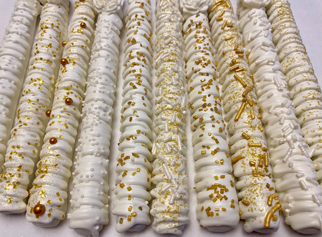 12 White Chocolate Pretzel Rods With Gold Accents! Wedding, Baptism ...