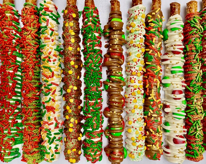 12 Assorted Christmas Themed Pretzel Rods in Premium White and Milk ...