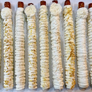 12 White Chocolate Pretzel Rods With Gold Accents! Wedding, Baptism ...