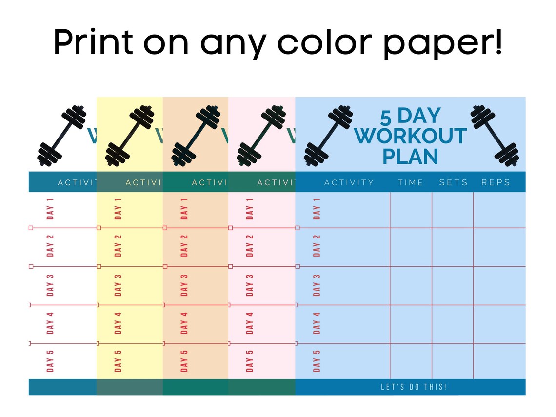 Download and Print 5 Day Work Out Plan Template | Etsy