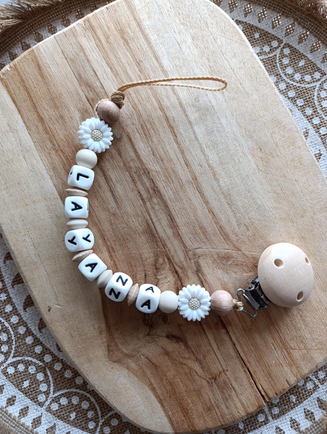 Personalized Silicone Pacifier Clip FLOWERS - Pink Beige Wood ...