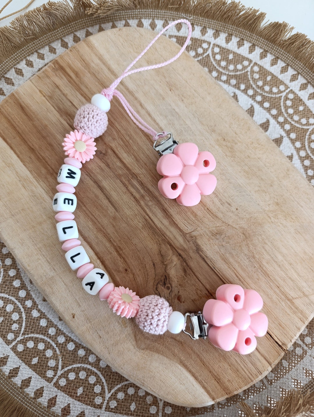 Personalized Silicone Pacifier Clip FLOWERS Pink and White Personalized ...
