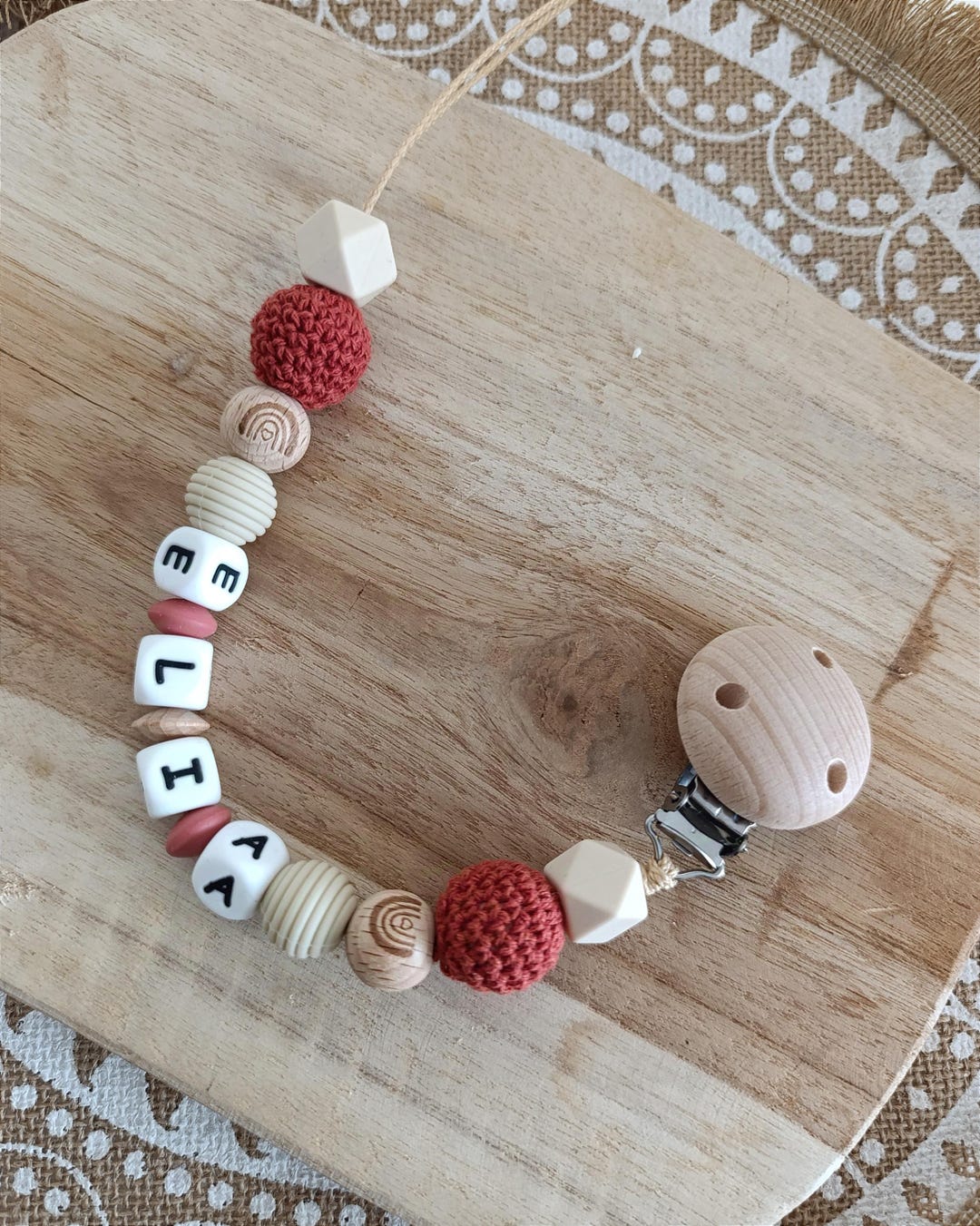 Personalized Silicone Pacifier Clip RAINBOW Beige and Natural Wood ...