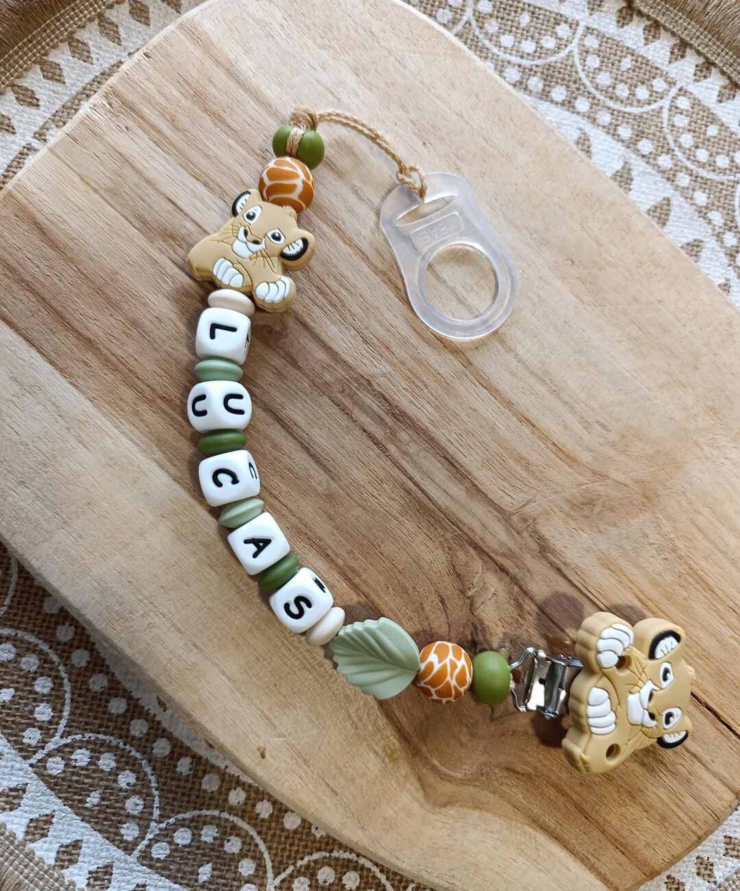 Personalized Silicone Pacifier Clip DISNEY SIMBA Khaki Beige Savannah ...