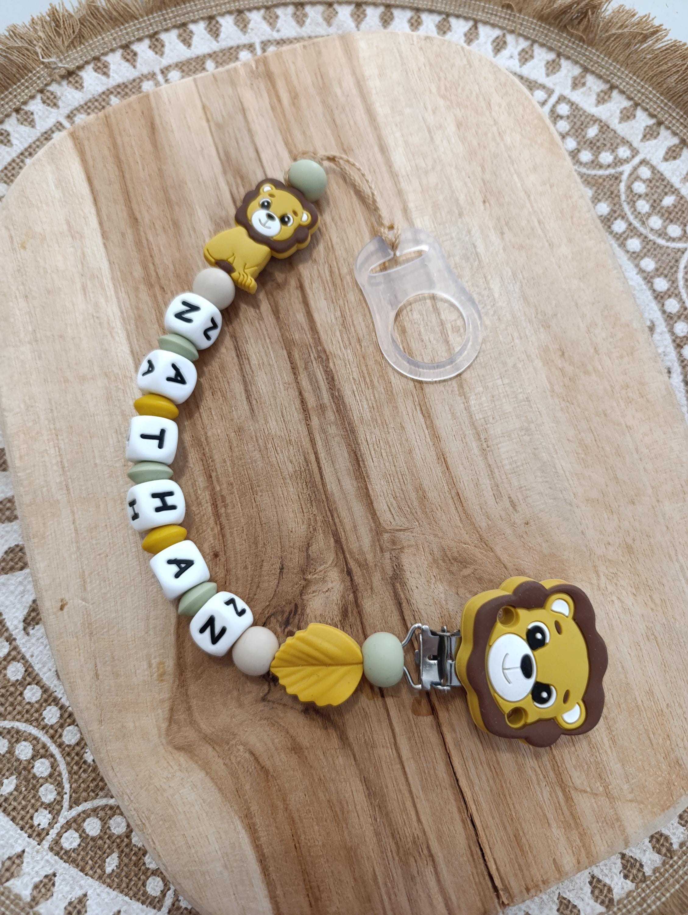 Personalized Silicone Pacifier Clip LION - Mustard, Linen Green and ...