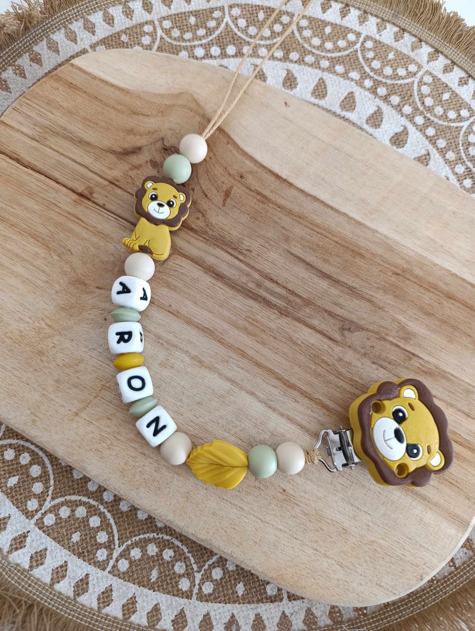 Personalized Silicone Pacifier Clip LION - Mustard, Linen Green and ...